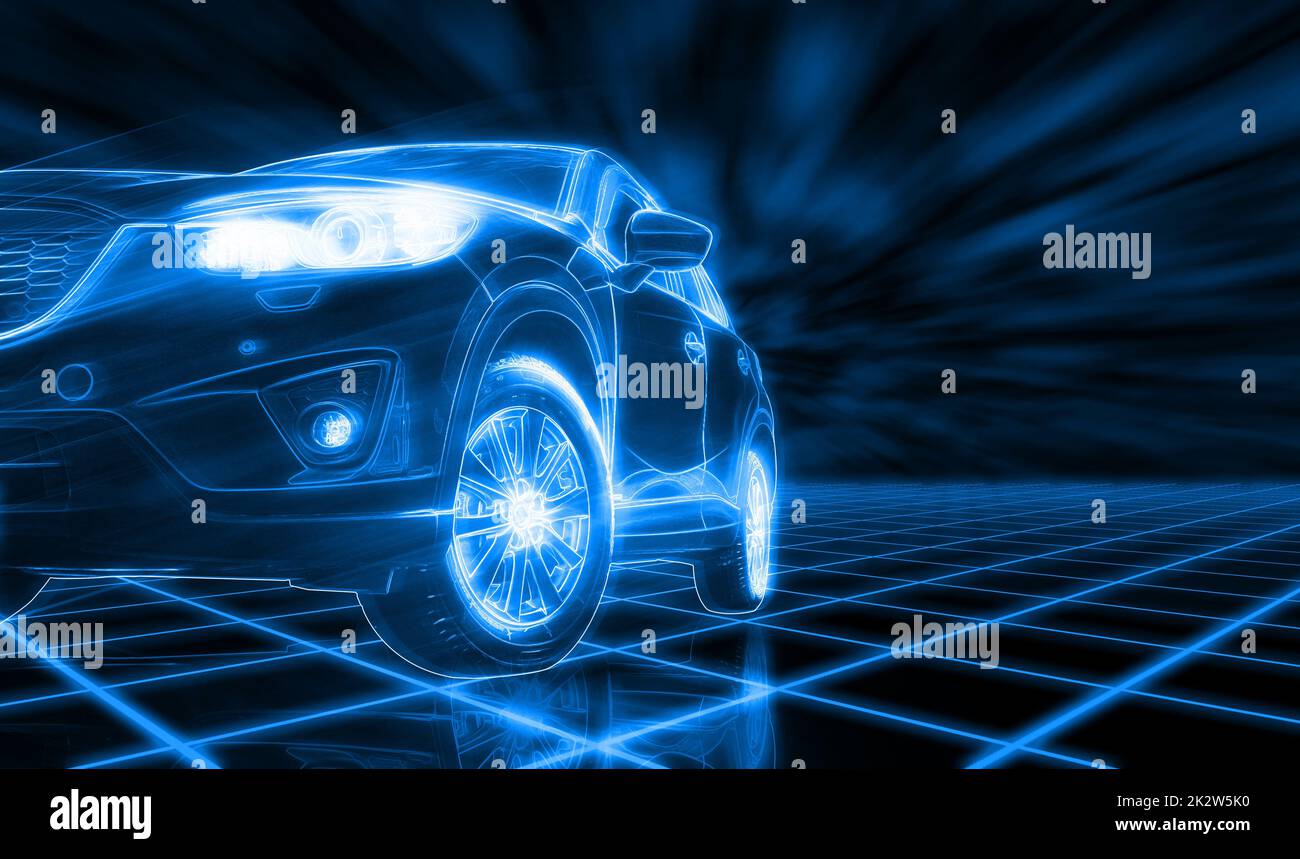 Véhicule utilitaire sport moderne, phares ouverts, garé sur fond sombre ...