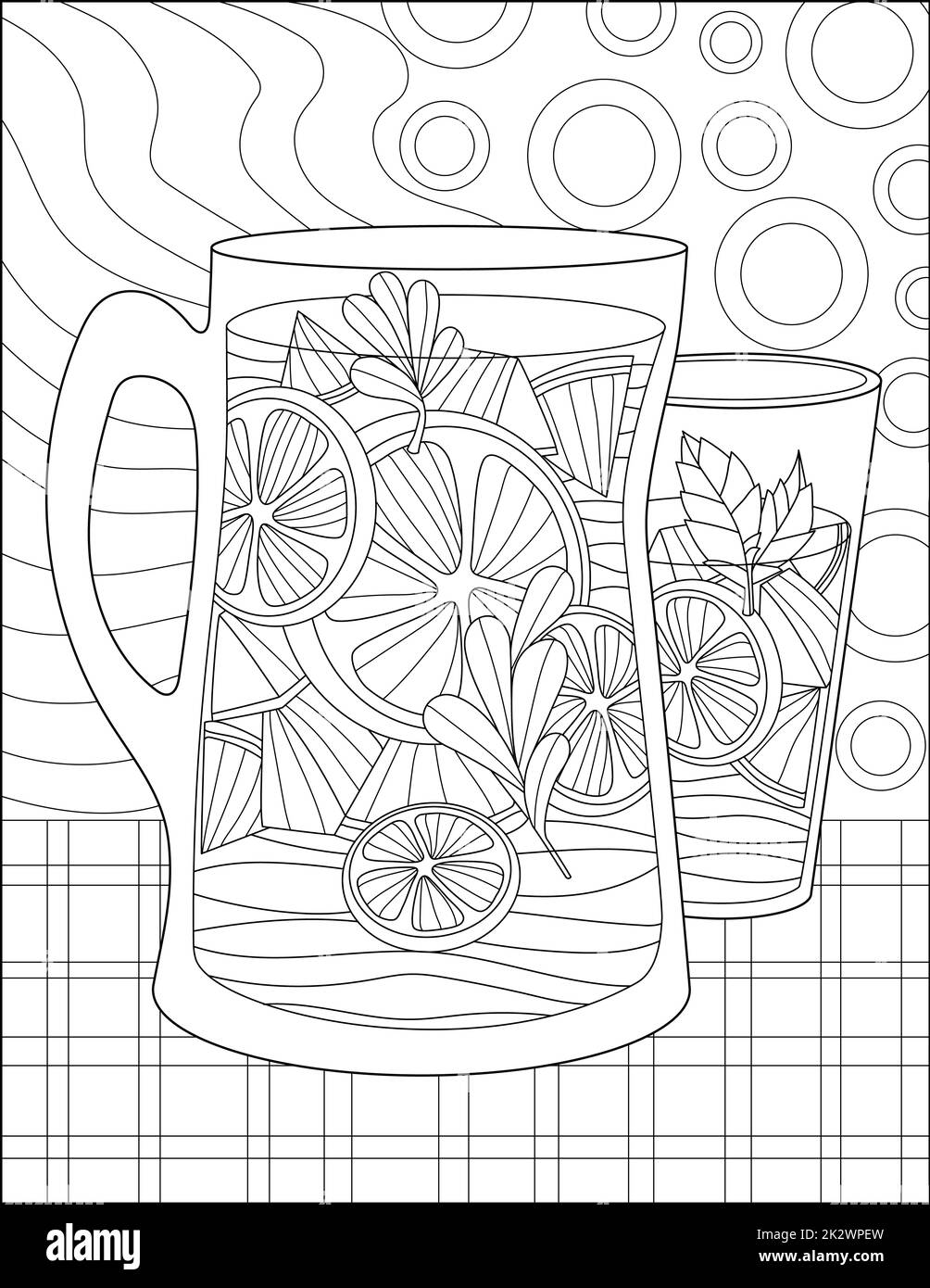 Ligne vectorielle dessin deux verres rempli jus d'orange citron table ...