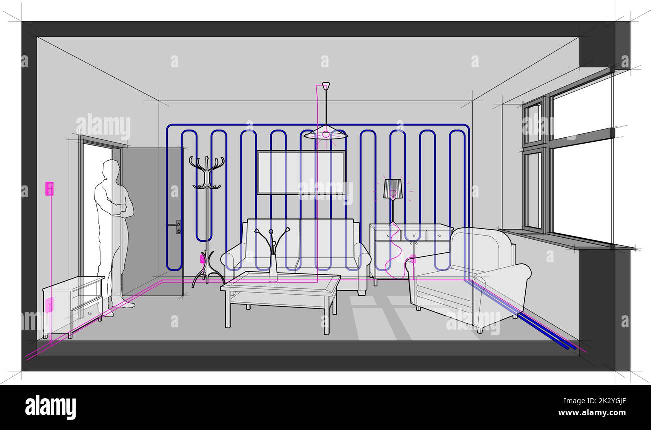 Schéma d'une chambre simple meublée avec canapé, chaise, table ...