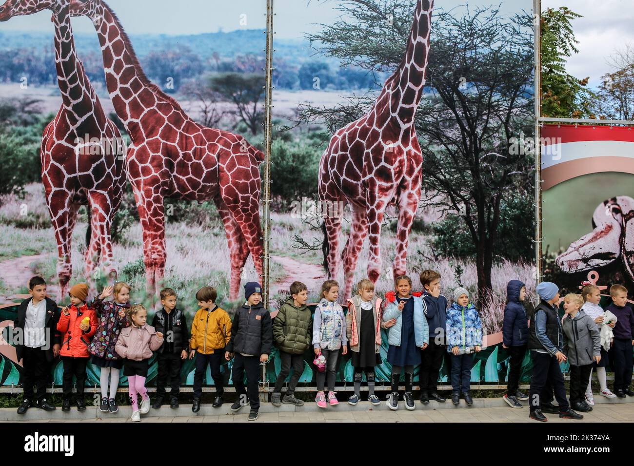 Les enfants prennent des photos devant une affiche de girafe. L'un des ...