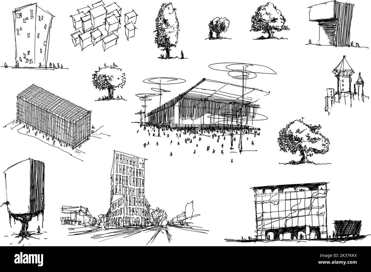de nombreuses esquisses architecturales dessinées à la main d'une ...