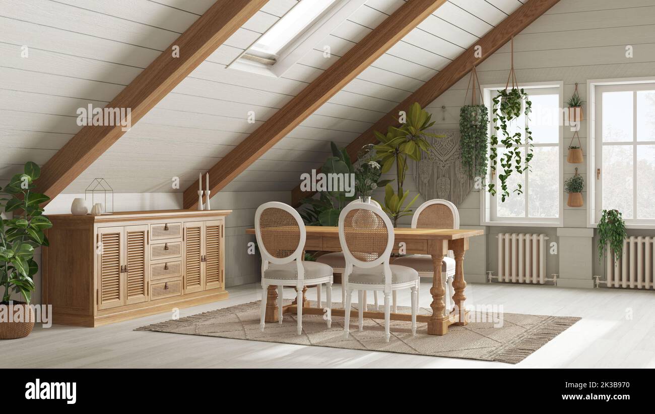 Séjour en mezzanine dans le style boho. Table de salle à manger avec ...