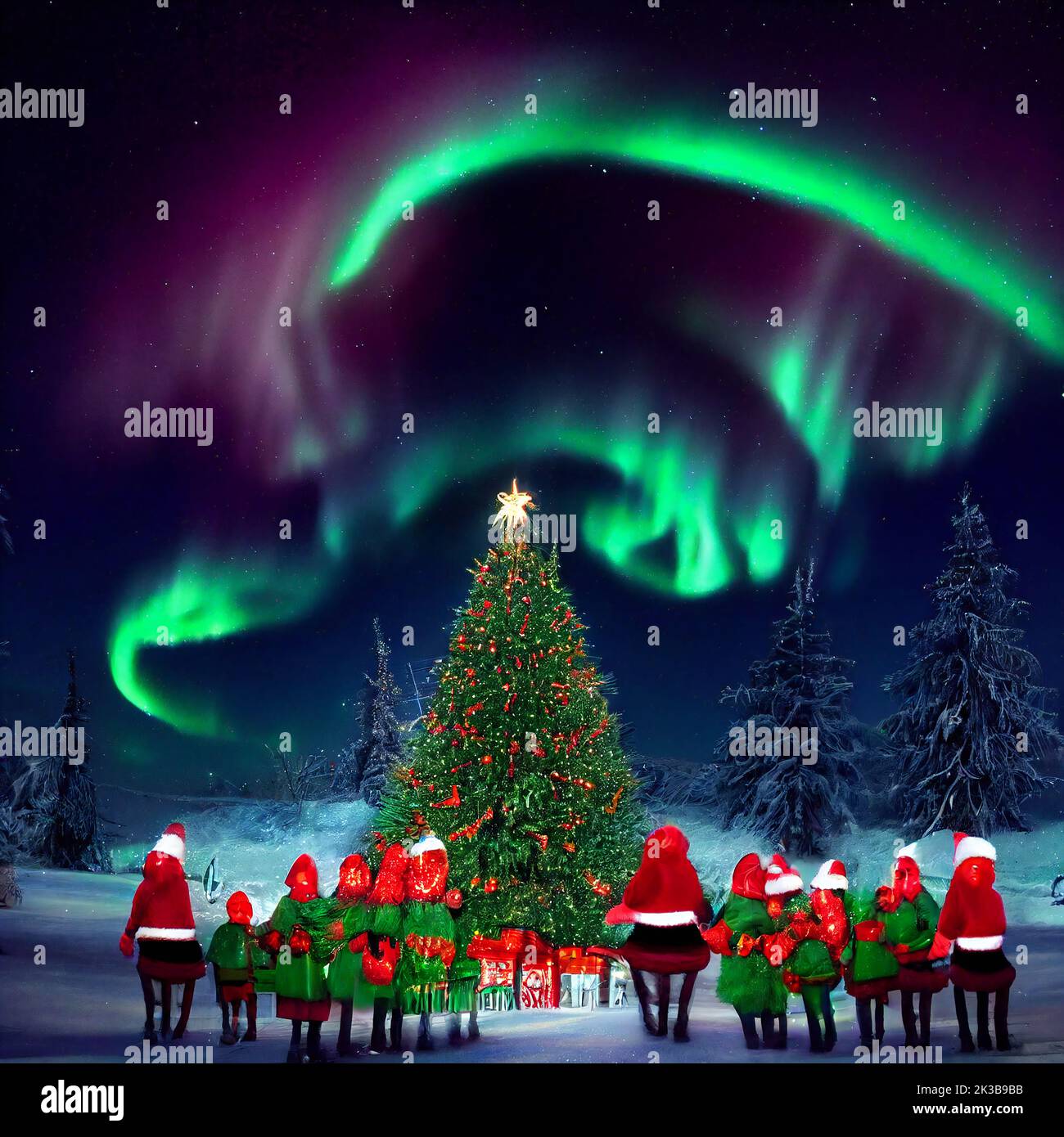 Maison du Père Noël au pôle Nord dans le cercle arctique aurores ...