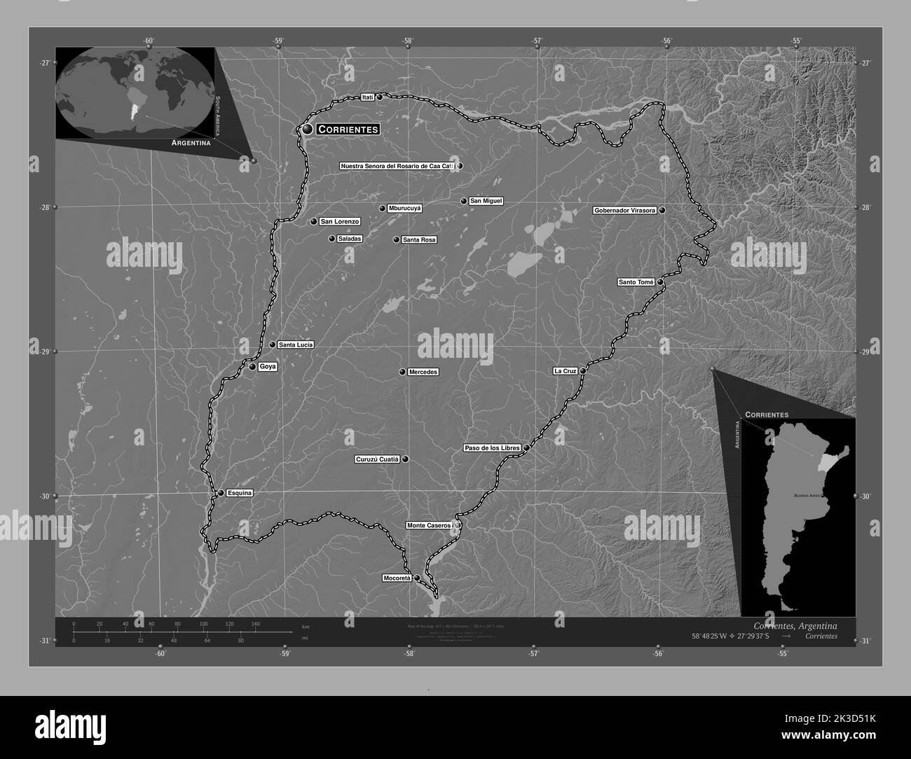 Corrientes, province d'Argentine. Carte d'altitude à deux niveaux avec ...