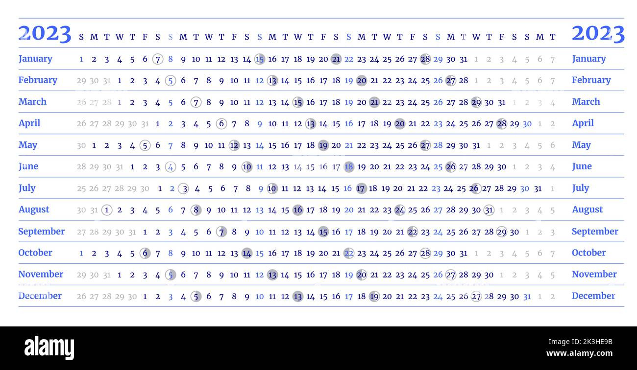 Modèle de calendrier linéaire bleu pour 2023 avec phases de lune. La ...