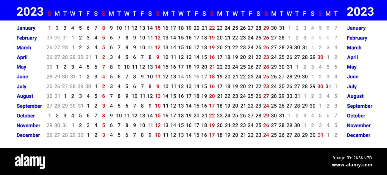 Modèle de calendrier linéaire bleu pour 2023 avec la semaine commence ...