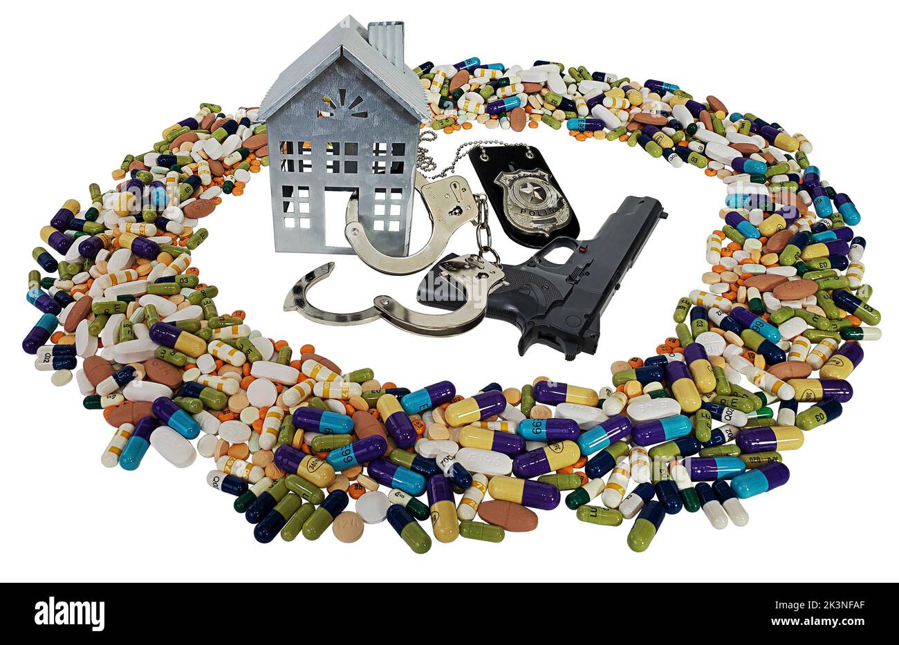 Insigne de police brillant avec menottes et arme à feu et maison ...