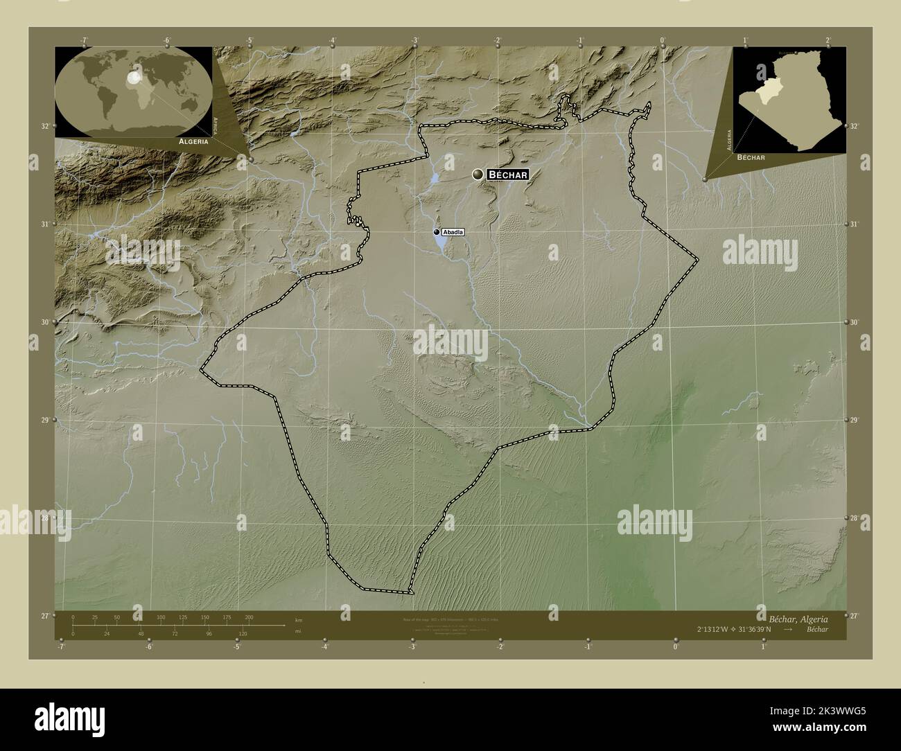 Bechar, province d'Algérie. Carte d'altitude colorée en style wiki avec ...