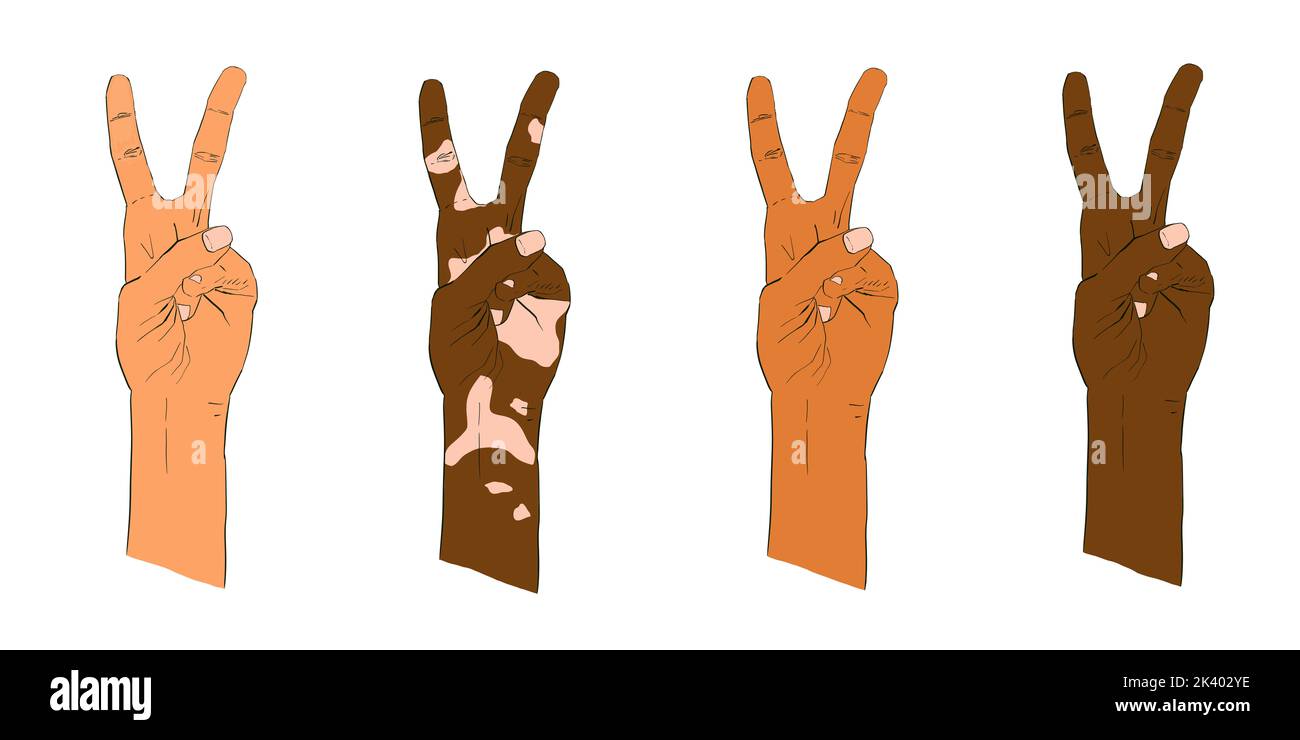 Illustration de mains avec différentes couleurs de peau. Isolé sur fond ...