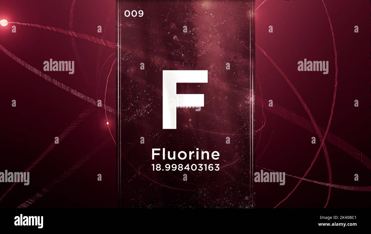 Élément chimique du symbole du fluor (F) du tableau périodique, 3D animation sur fond de ...