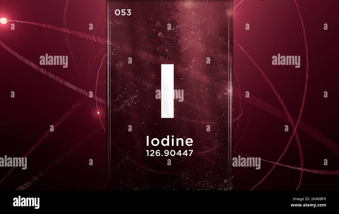 Élément chimique de symbole I (iode) du tableau périodique, 3D ...