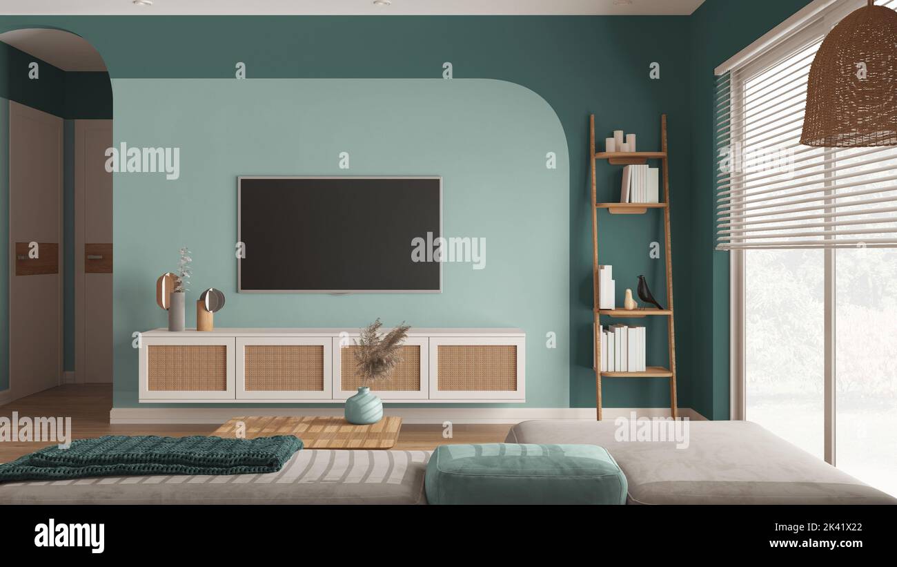 Salon moderne en bois dans les tons turquoise, canapé en velours avec ...