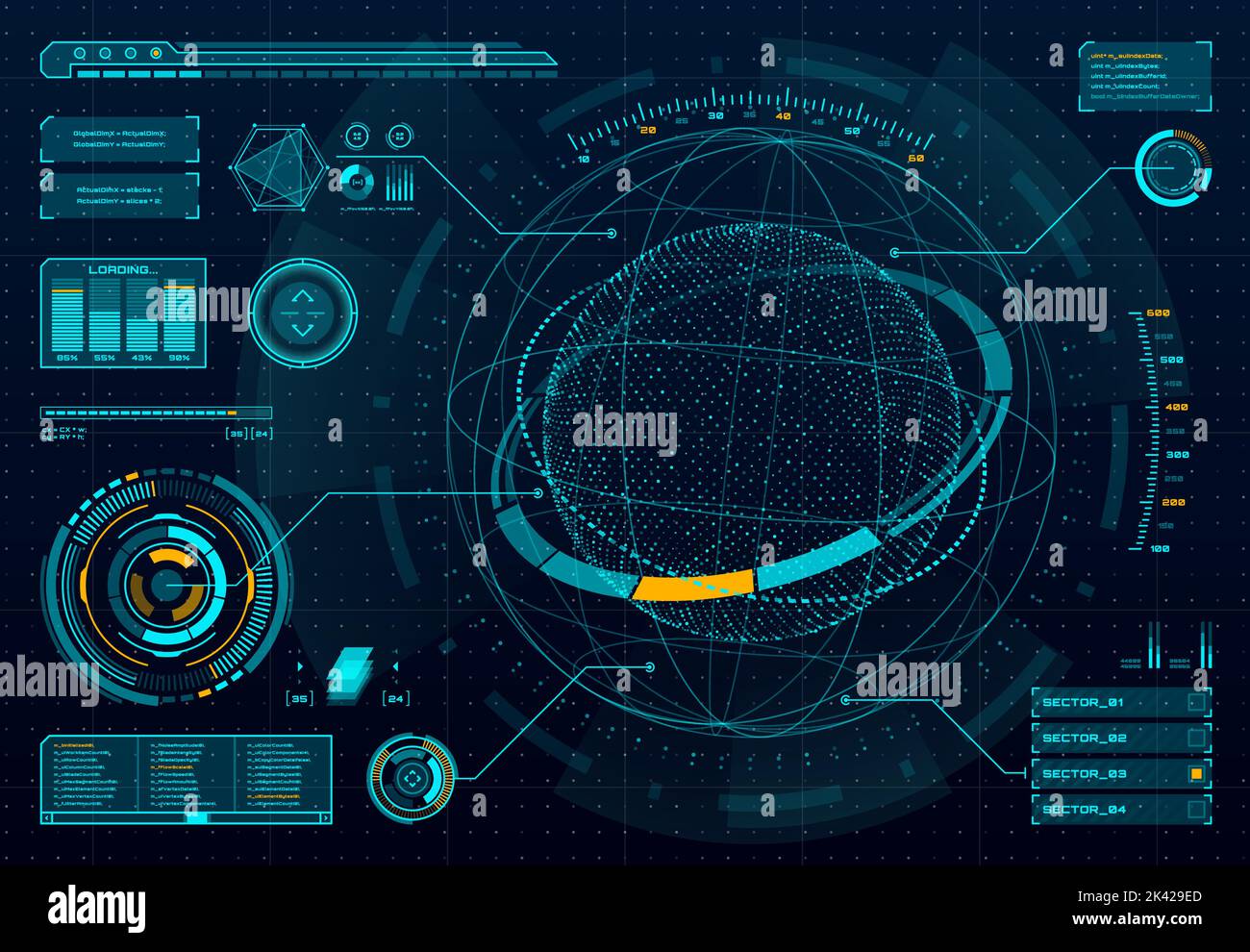 Infographie HUD, panneau de tableau de bord avec graphiques de sphère d ...