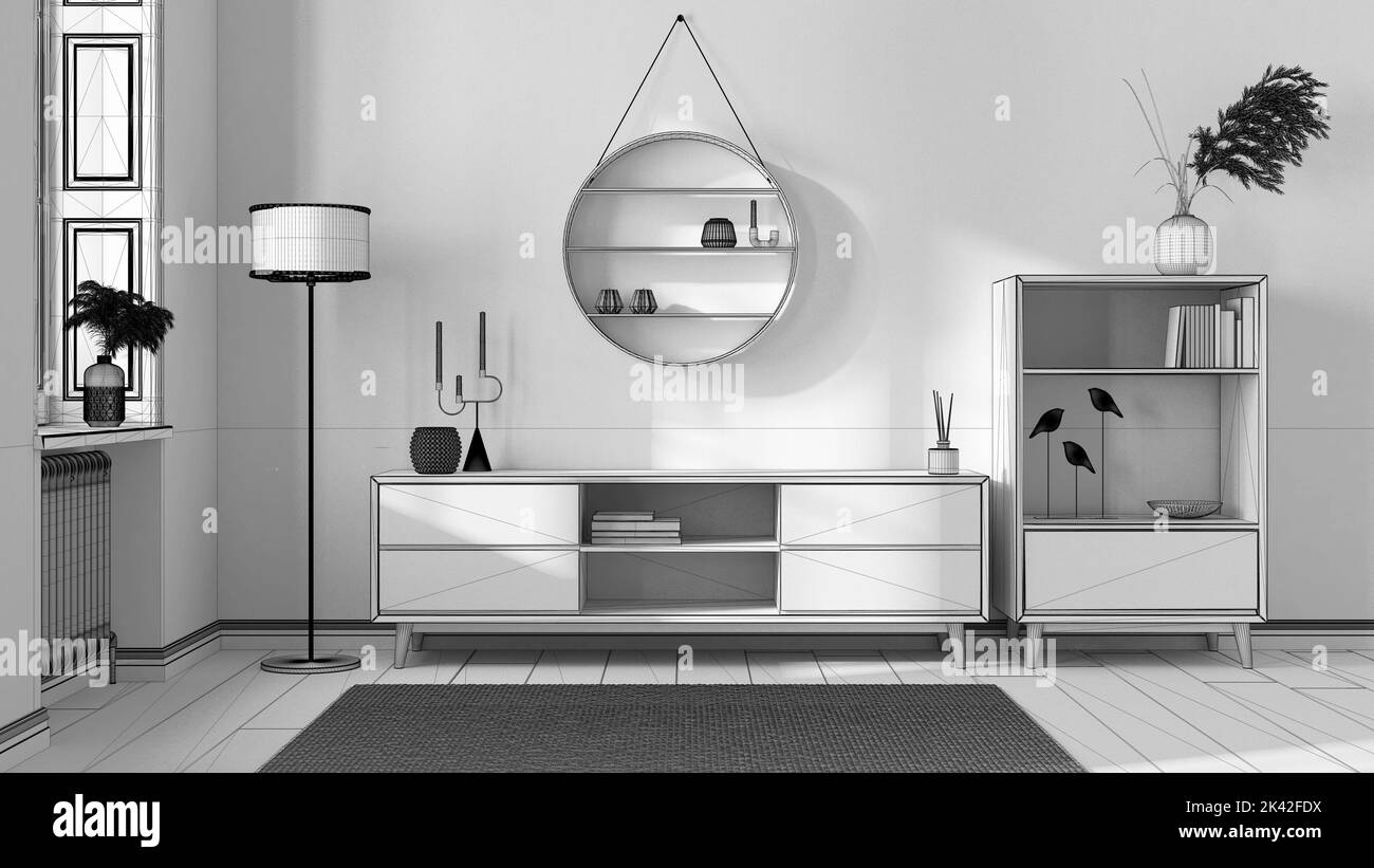 Blueprint projet non fini brouillon, intérieur moderne en bois, commode ...