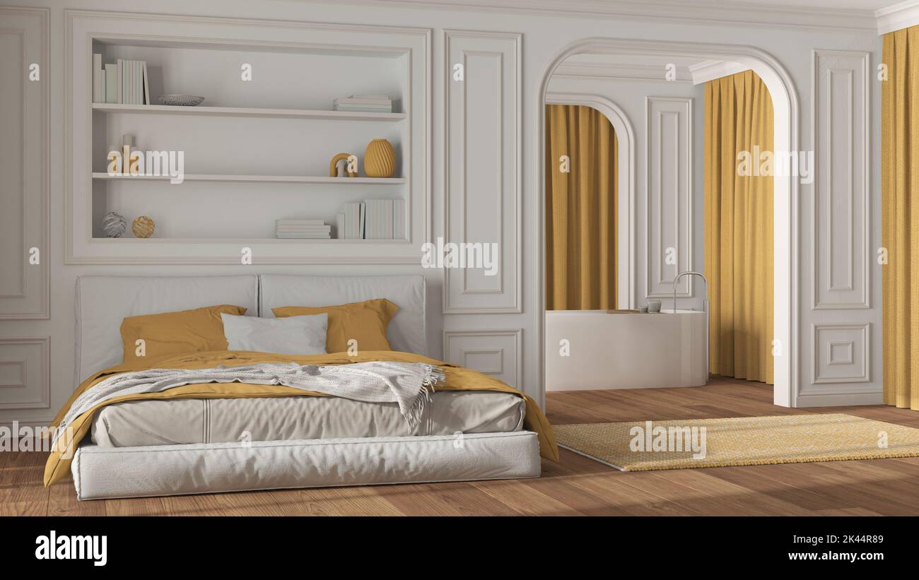 Chambre et salle de bains néoclassiques dans des tons blancs et jaunes ...
