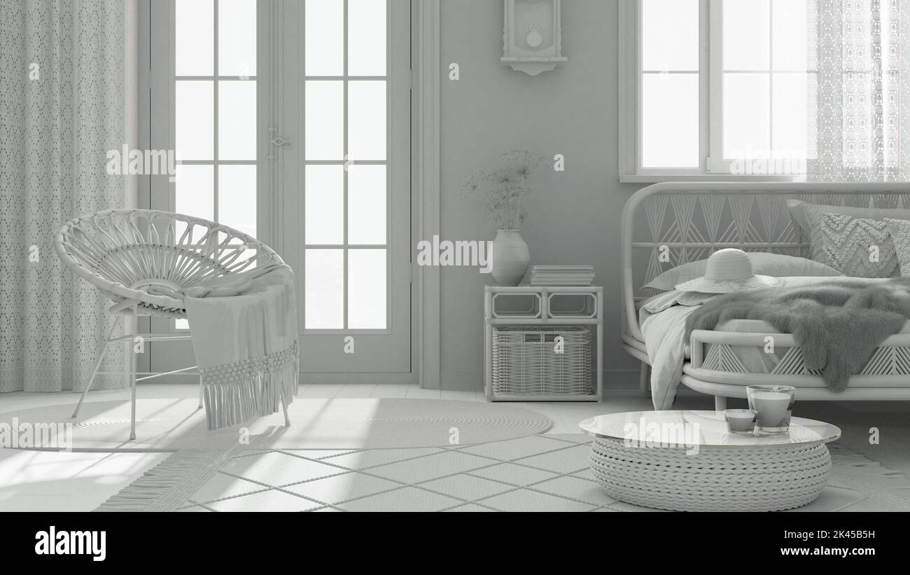 Blanc total projet, boho chic chambre de ferme avec lit en rotin et ...