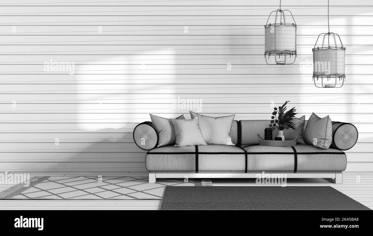 Projet de plan de projet non achevé, wabi sabi salon avec espace de ...