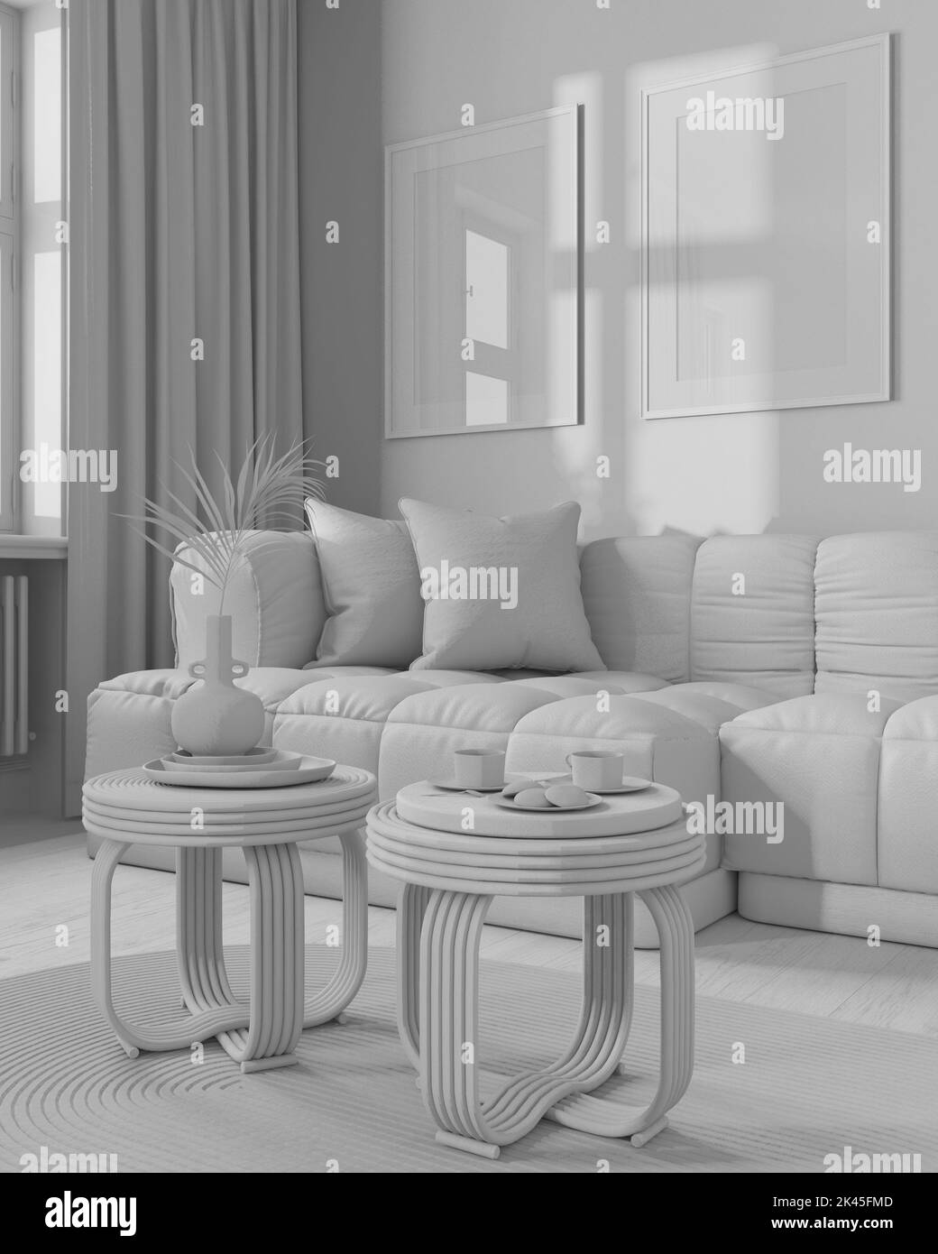 Tirage total blanc, maquette de cadre, salon en bois. Mobilier en rotin ...