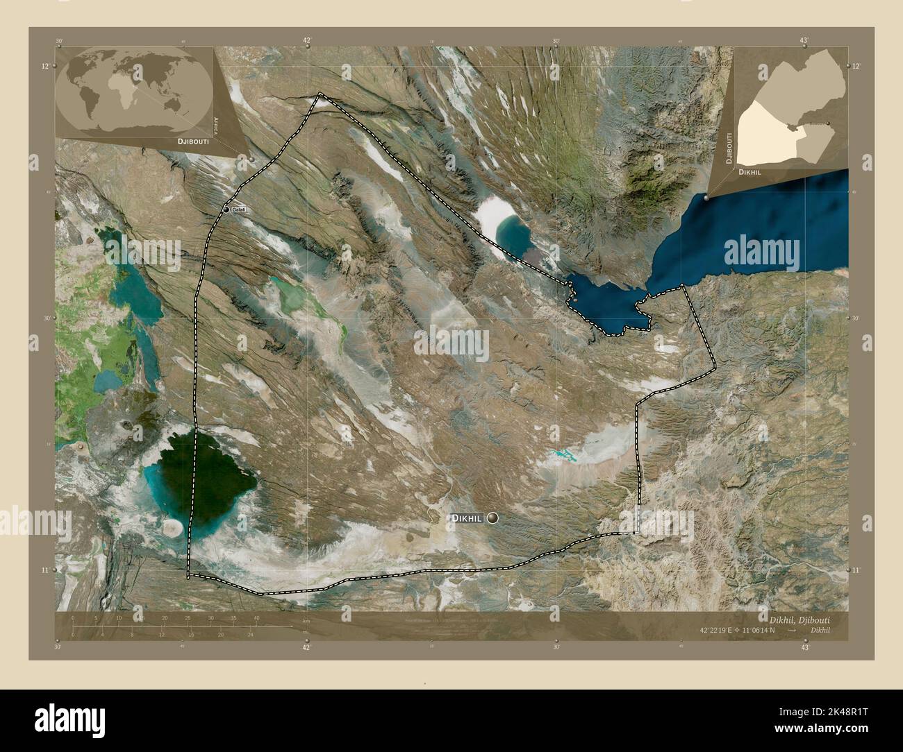 Dikhil, région de Djibouti. Carte satellite haute résolution. Lieux et ...