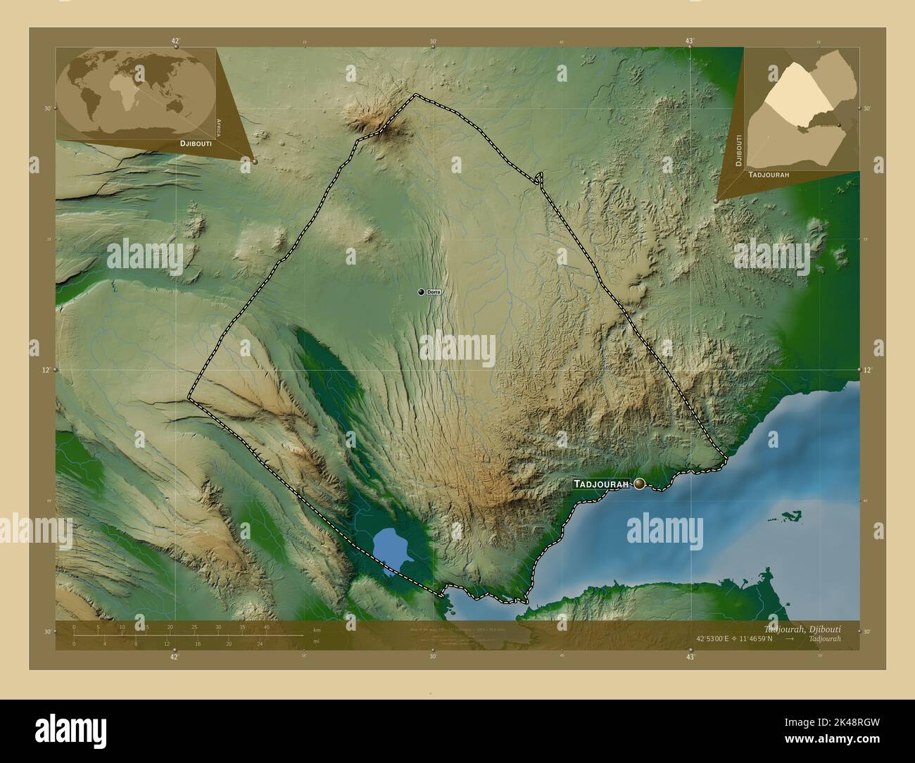 Tadjourah, région de Djibouti. Carte d'altitude en couleur avec lacs et ...