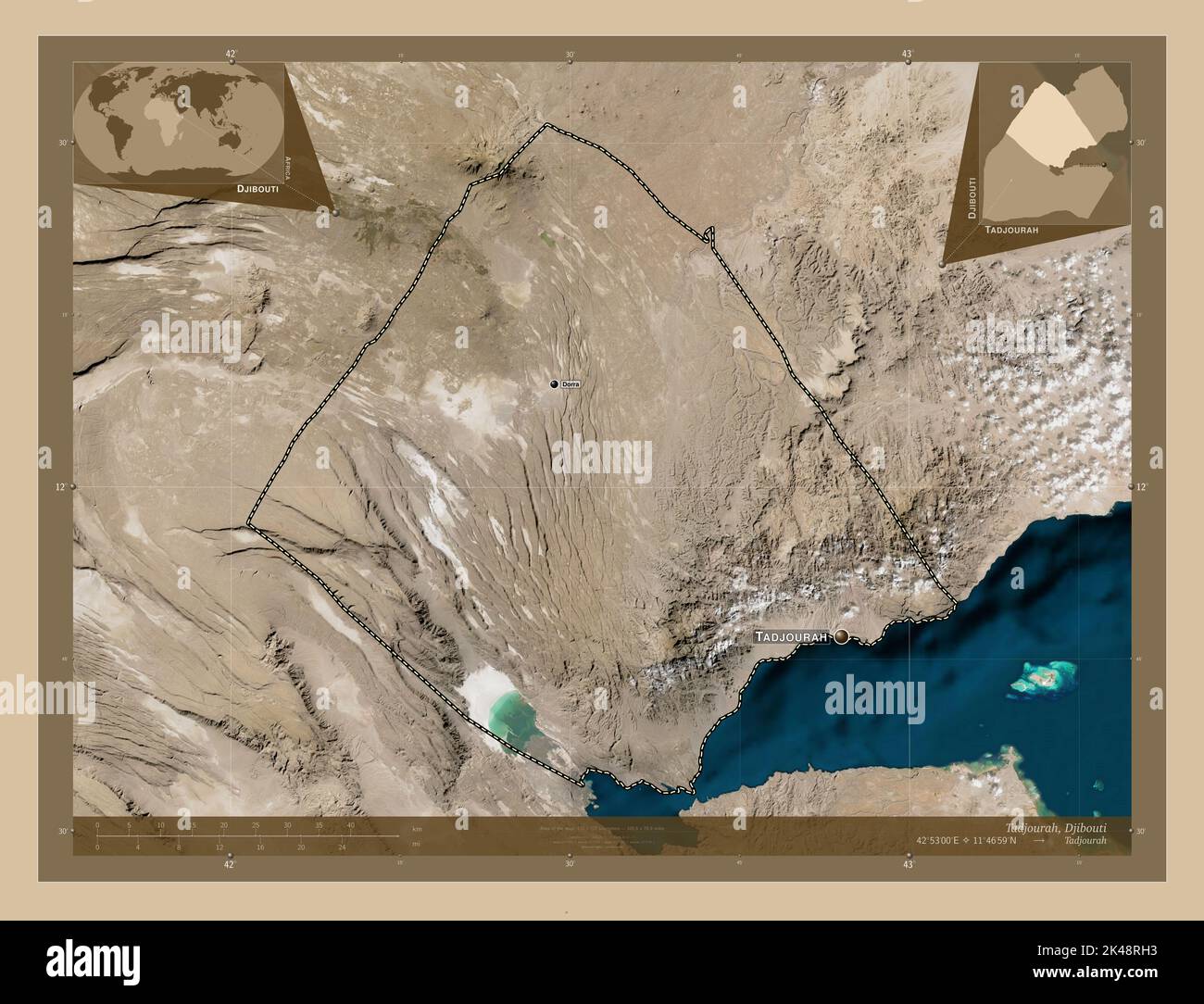 Tadjourah, région de Djibouti. Carte satellite basse résolution. Lieux ...