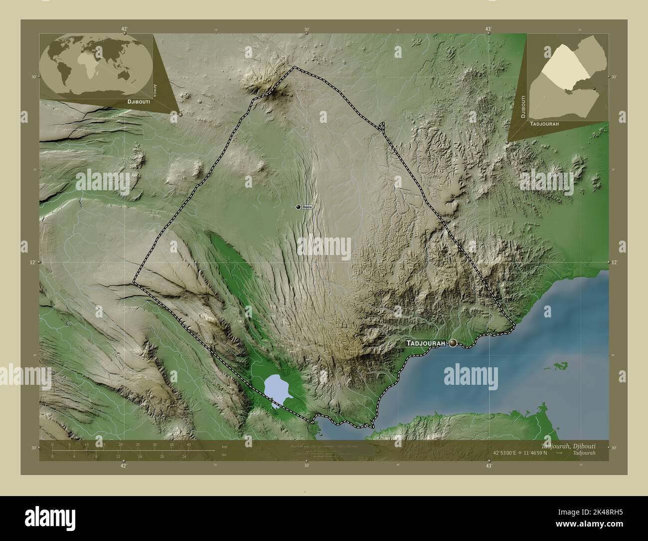 Tadjourah, région de Djibouti. Carte d'altitude colorée en style wiki ...