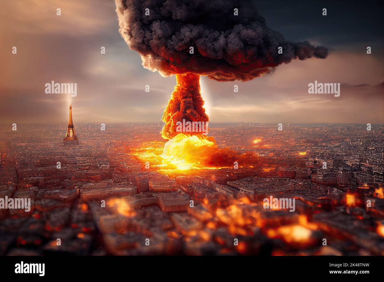 Vue par drone d'une explosion nucléaire qui se produit dans la ville de ...