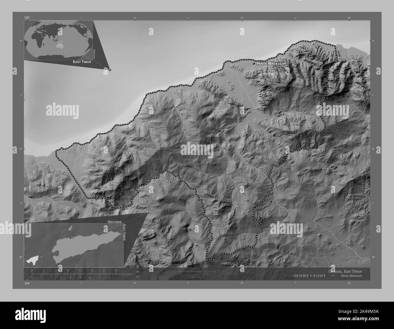 Oecusse, municipalité du Timor oriental. Carte d'altitude en niveaux de ...