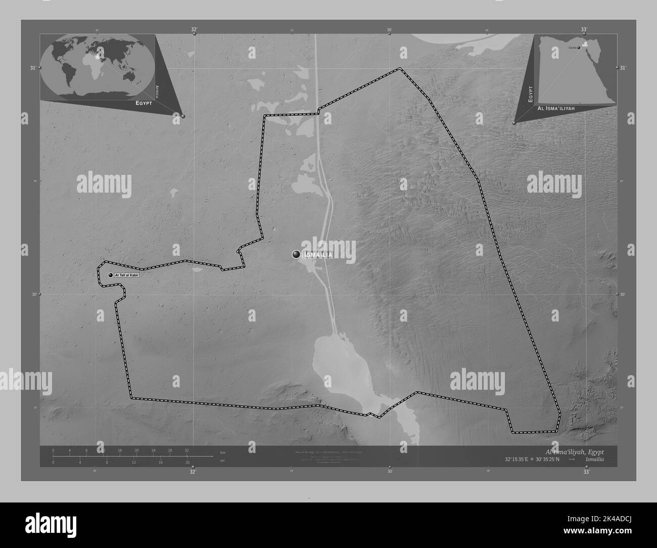 Al Isma'iliyah, gouvernorat de l'Égypte. Carte d'altitude en niveaux de ...