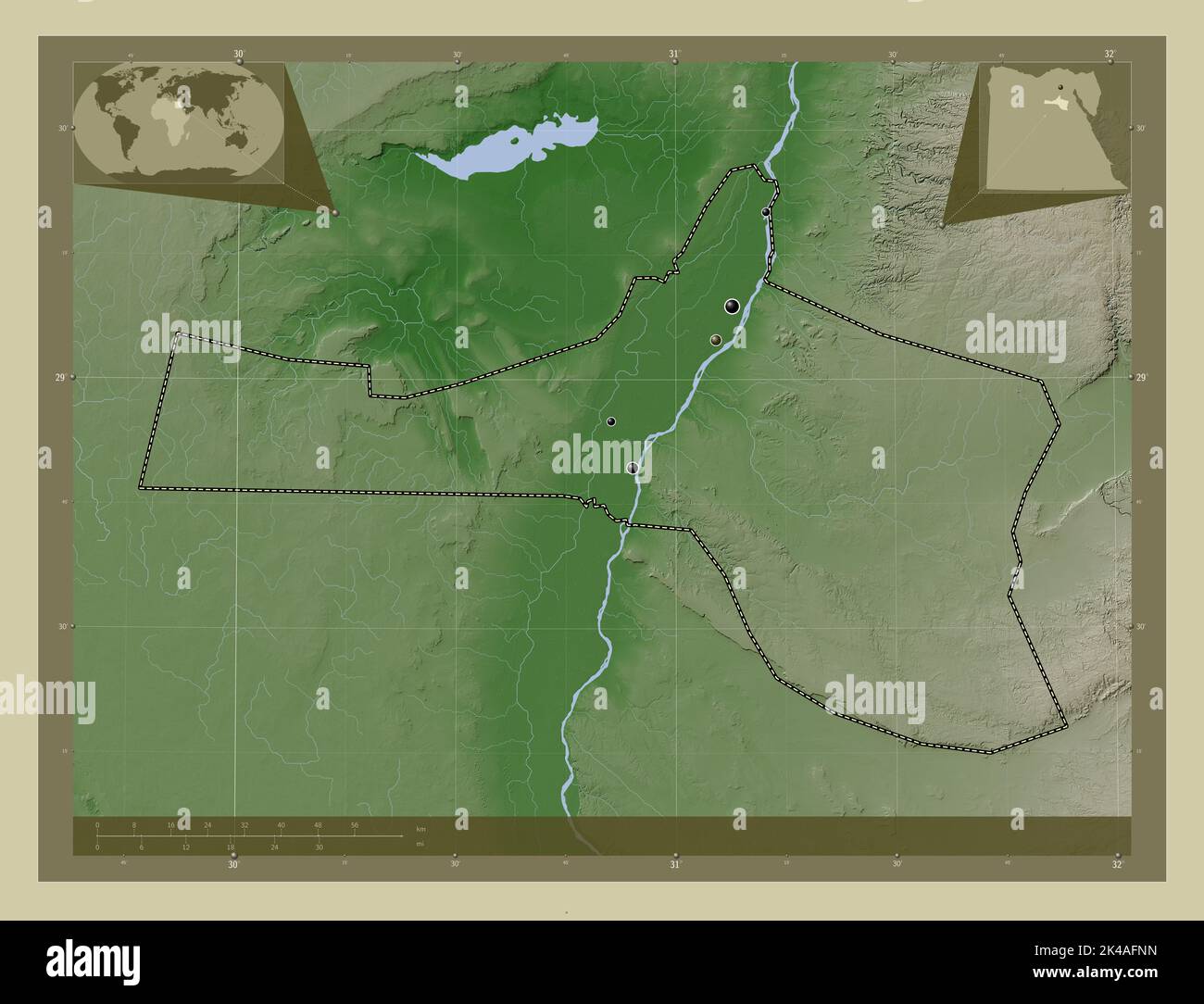 Bani Suwayf, gouvernorat de l'Égypte. Carte d'altitude colorée en style wiki avec lacs et ...