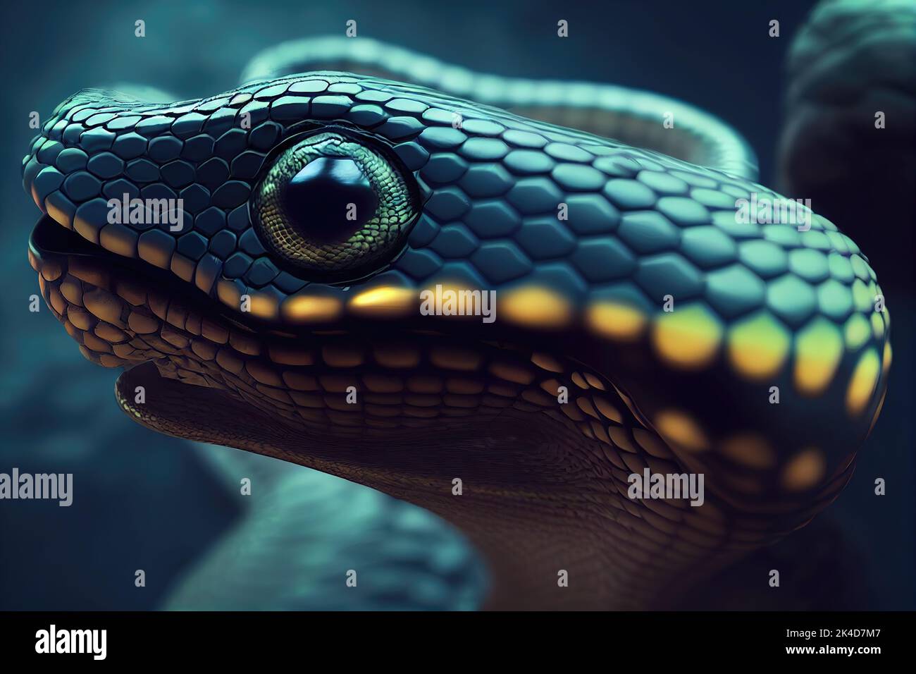 Un gros plan de la tête d'un python dragon avec des points dorés et un arrière-plan flou du ...