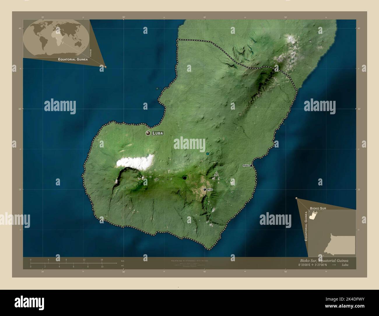 Bioko sur, province de Guinée équatoriale. Carte satellite haute ...