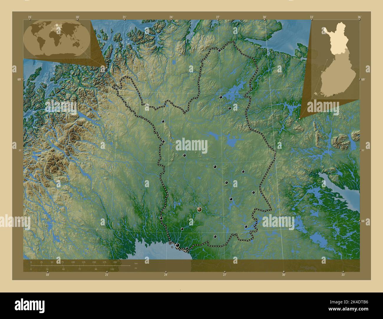 Laponie, région de Finlande. Carte d'altitude en couleur avec lacs et ...