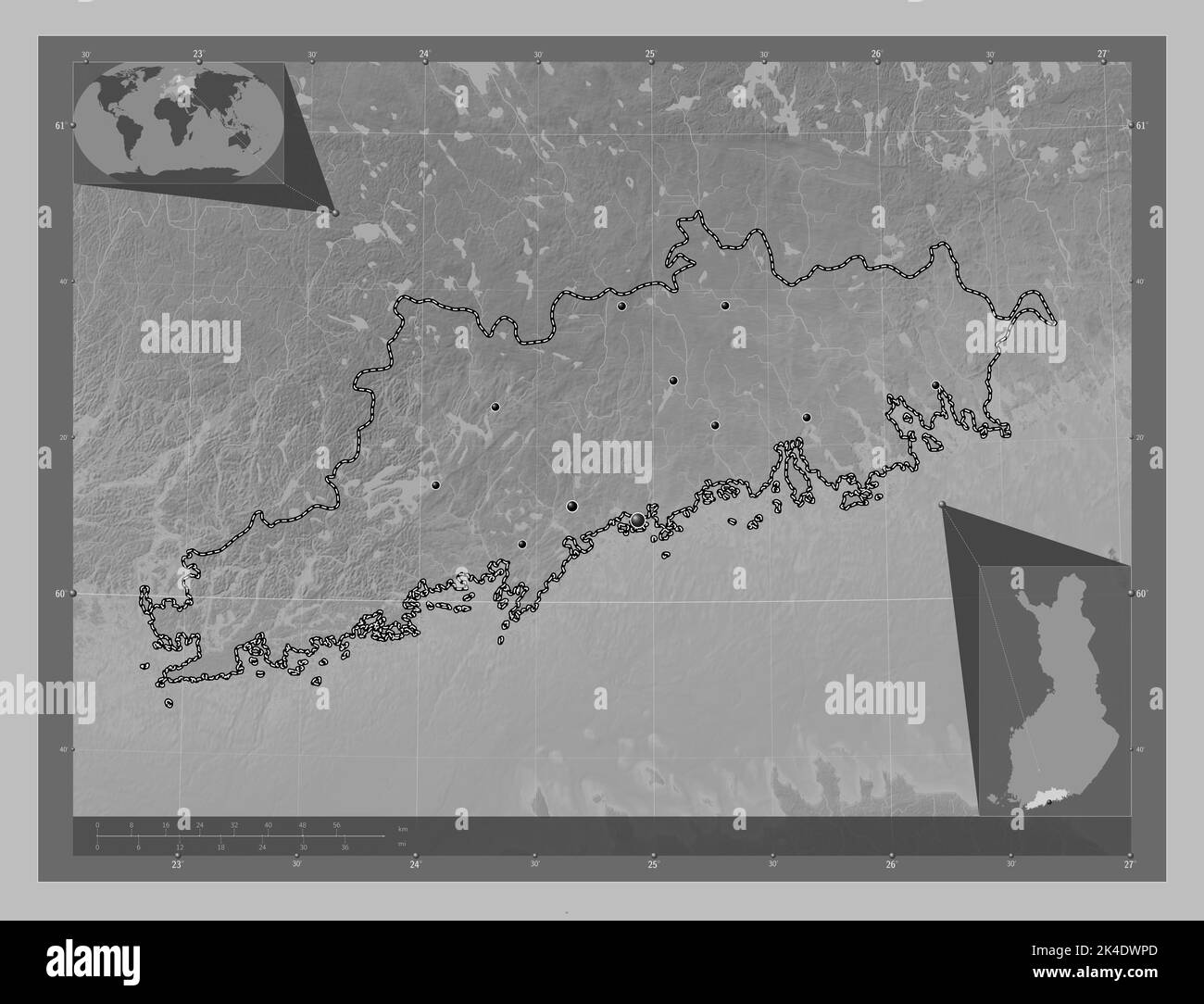 Uusimaa, région de Finlande. Carte d'altitude en niveaux de gris avec ...