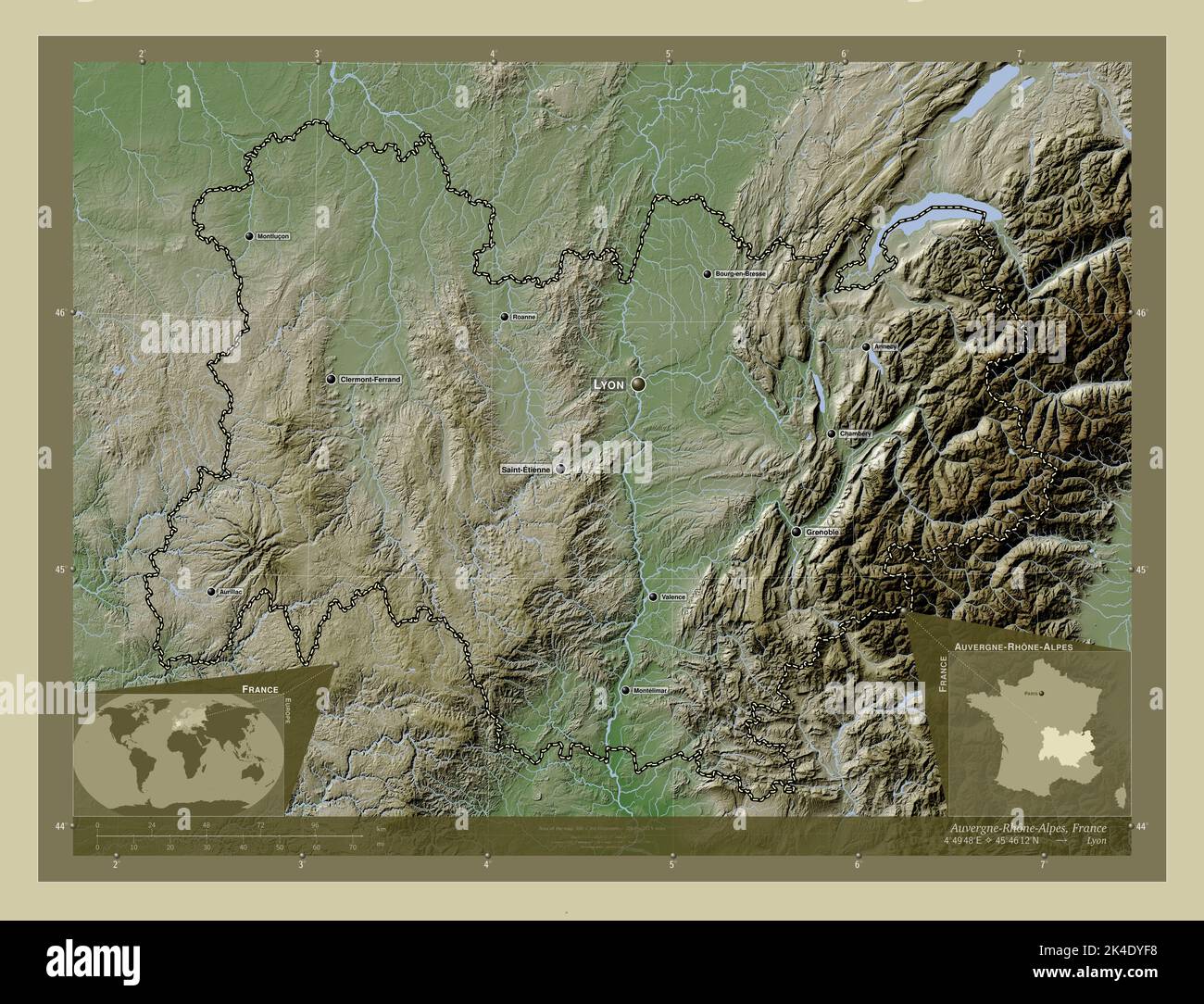 Auvergne-Rhône-Alpes, région de France. Carte d'altitude colorée en ...