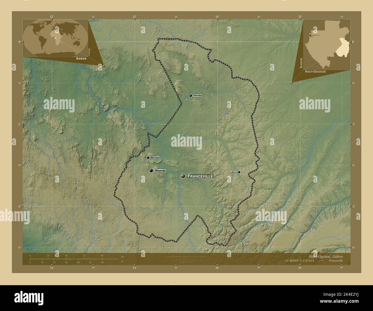 Haut-Ogooue, province du Gabon. Carte d'altitude en couleur avec lacs ...
