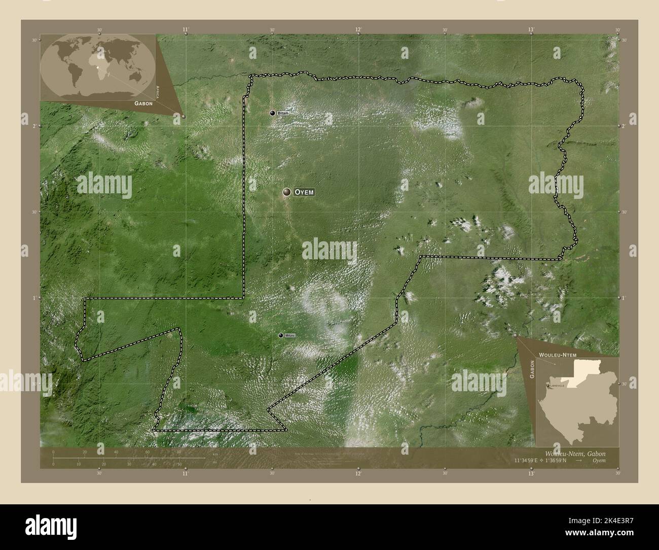 Wouleu-Ntem, province du Gabon. Carte satellite haute résolution. Lieux ...