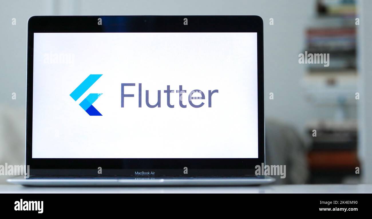 Le logo de Google Flutter, une boîte à outils de développement de logiciels open-source ...