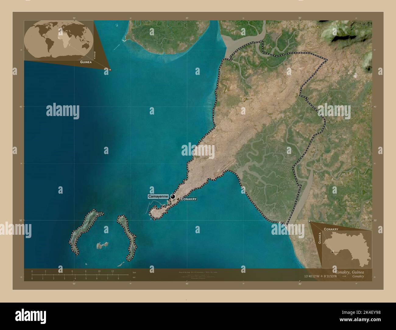 Conakry, région de Guinée. Carte satellite basse résolution. Lieux et ...