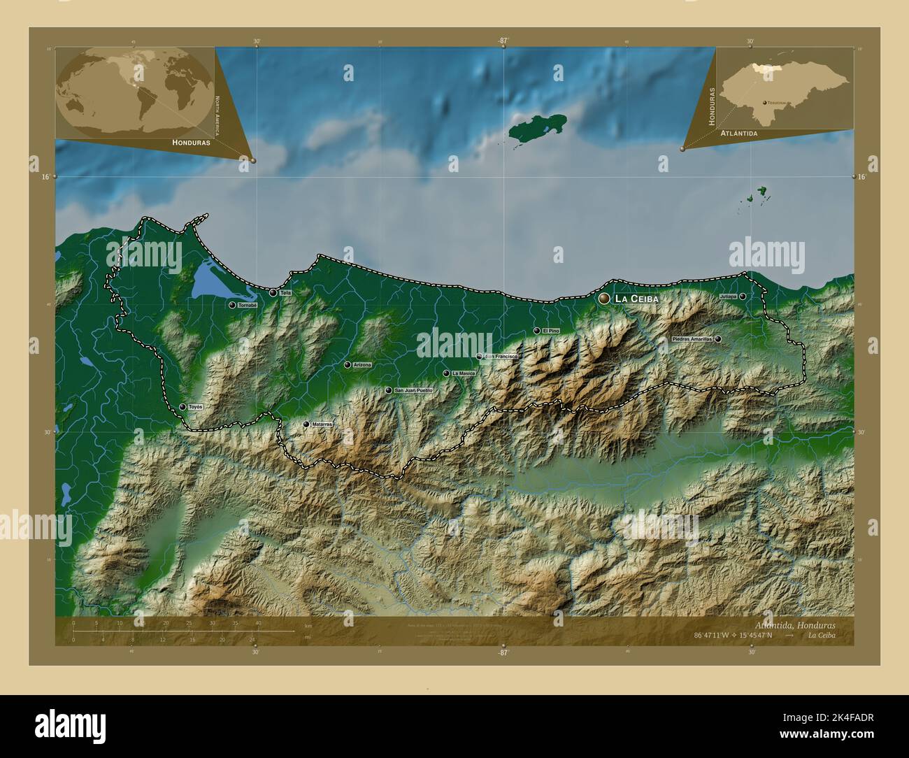 Atlantida, département du Honduras. Carte d'altitude en couleur avec ...
