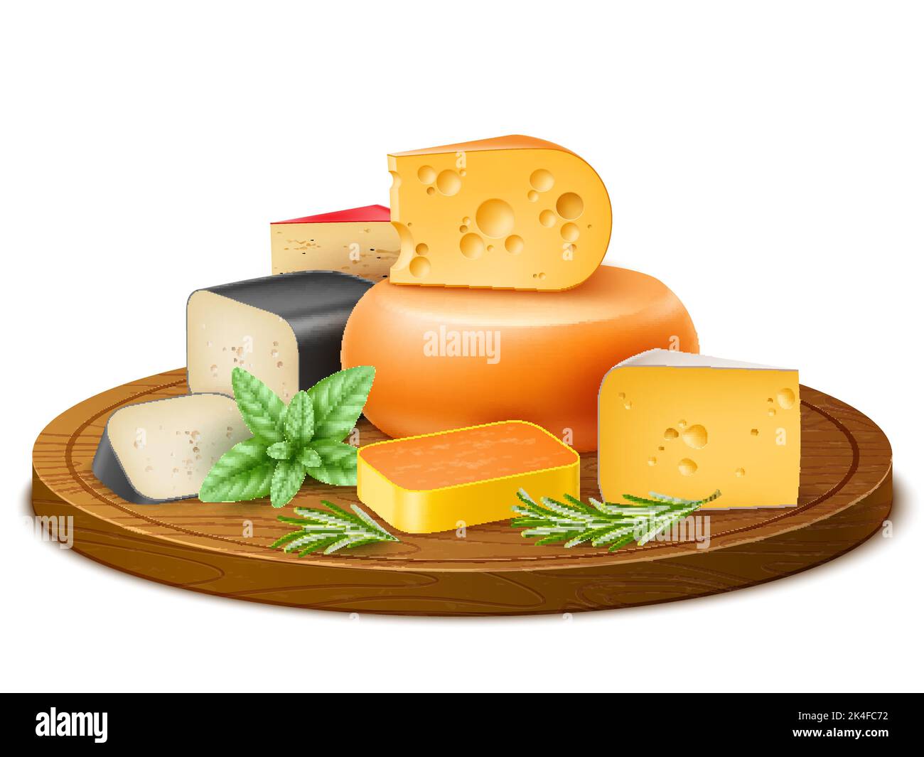 Morceaux de fromage réalistes. Produits laitiers isolés sur planche à ...