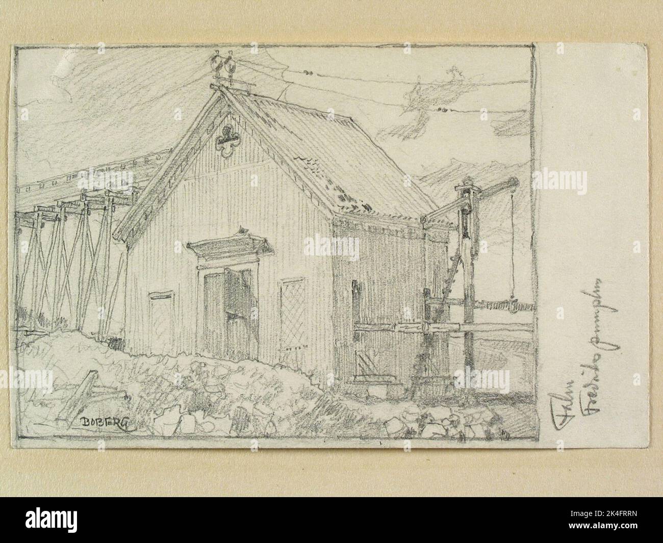 Dessin de Ferdinand Boberg. Falun, mine de Falu, Fredriks Pumphus ...