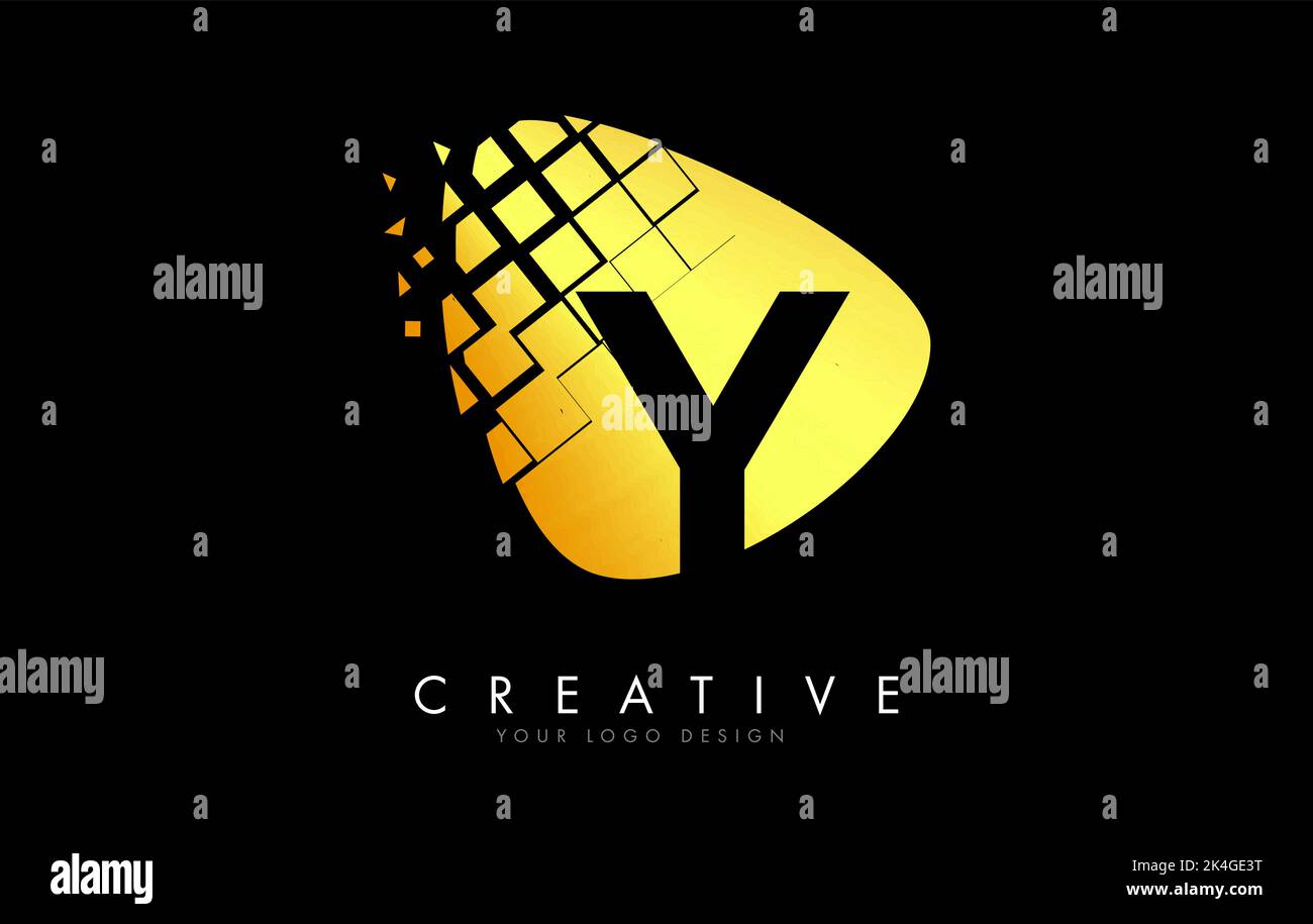 Lettre y Design avec illustrations vectorielles Golden Shattered Blocks. Pixel art du logo de ...