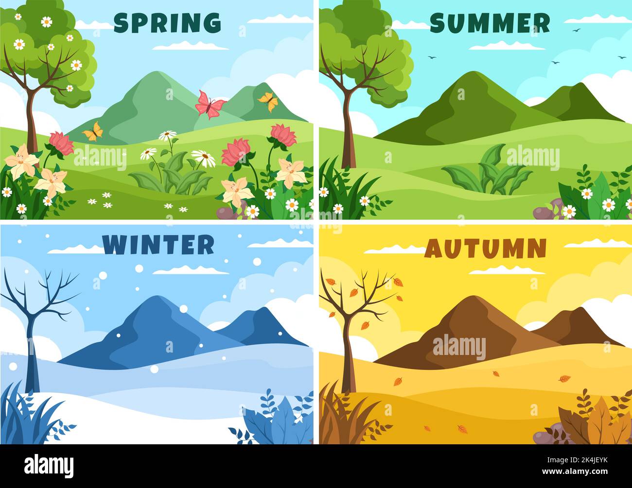 Paysage des quatre saisons de la nature avec paysage printemps, été ...