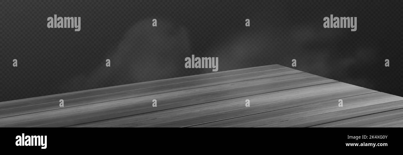 Vue en coin d'une table en bois avec nuages de vapeur au-dessus de ...