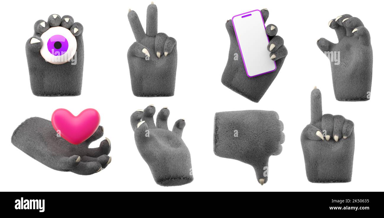 3d mains de loup à fourrure en plastique de style dessin animé ...