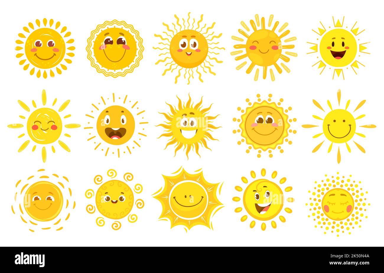 Sourires de soleil, personnages mignons de soleil, visages de dessin ...