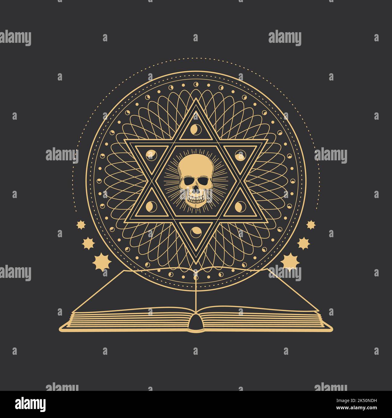 Pentagramme occulte, crâne en hexagramme et livre magique noir, symbole ...