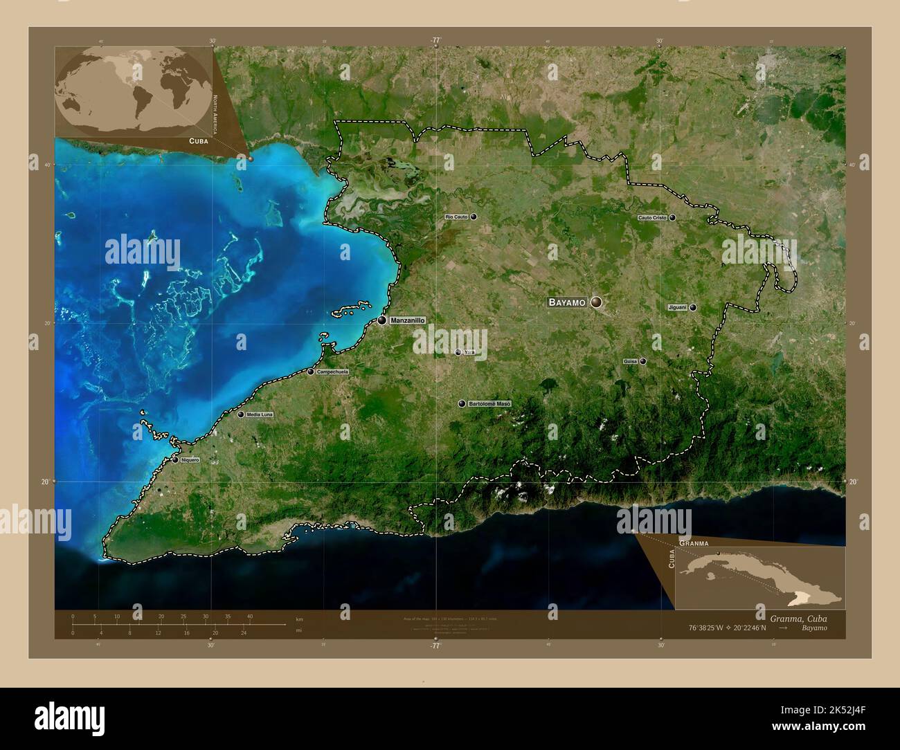 Granma, province de Cuba. Carte satellite basse résolution. Lieux et ...