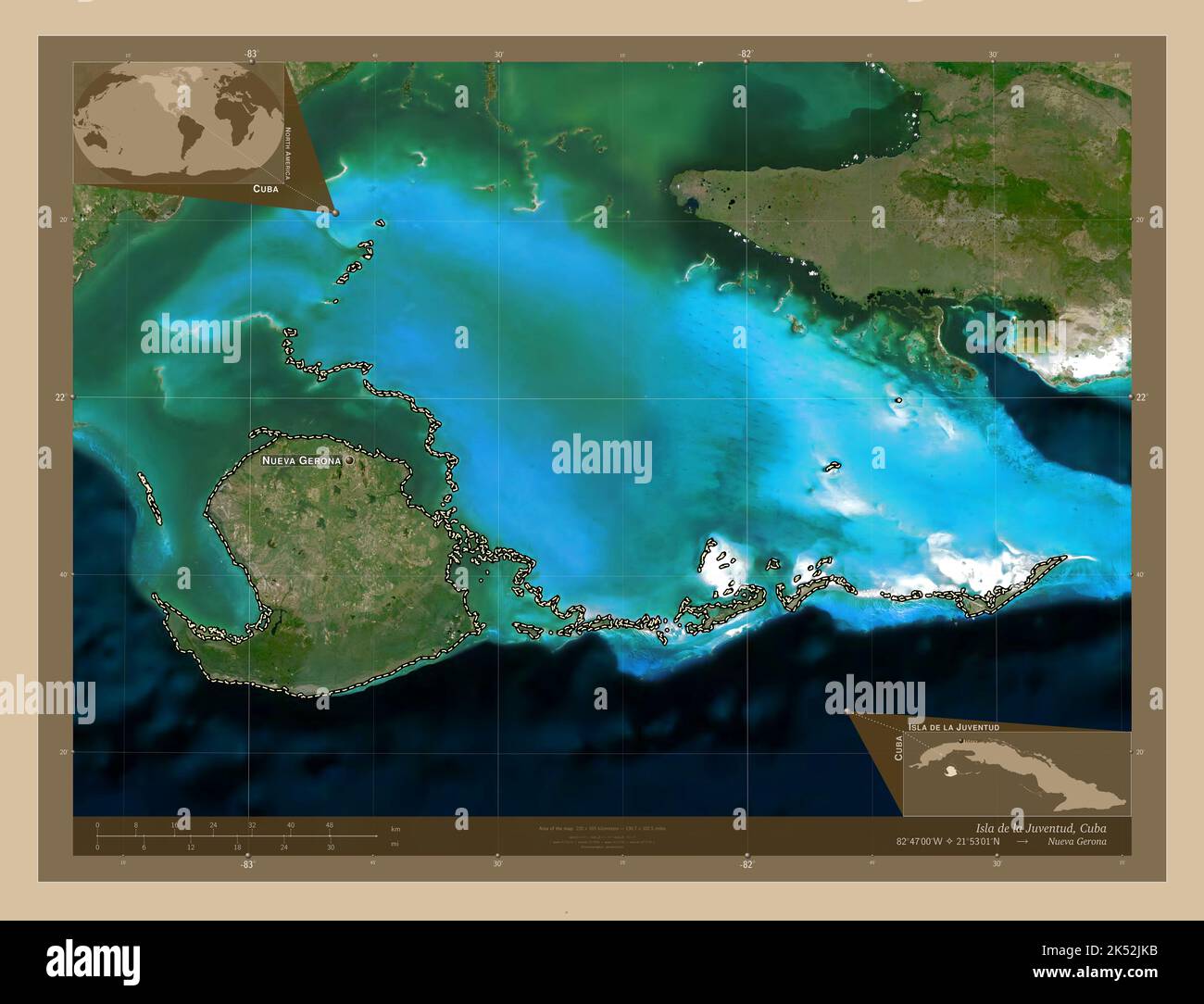 Isla de la Juventud, province de Cuba. Carte satellite basse résolution ...